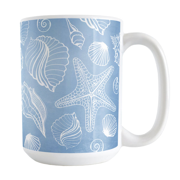 White Seashell Pattern Blue Beach Mug | Coastal Drinkware, Beach Decor ...