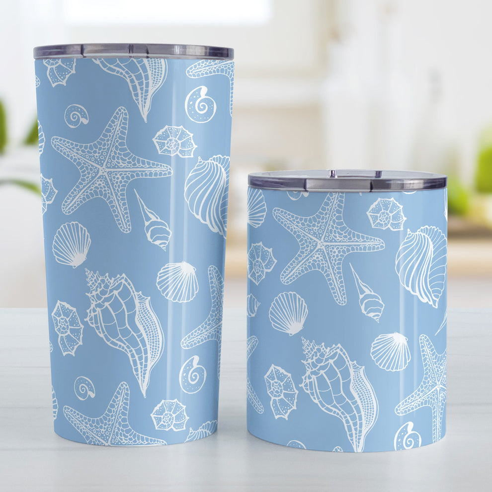 White Seashell Pattern Blue Beach Tumbler Cup | Coastal Drinkware – Amy ...